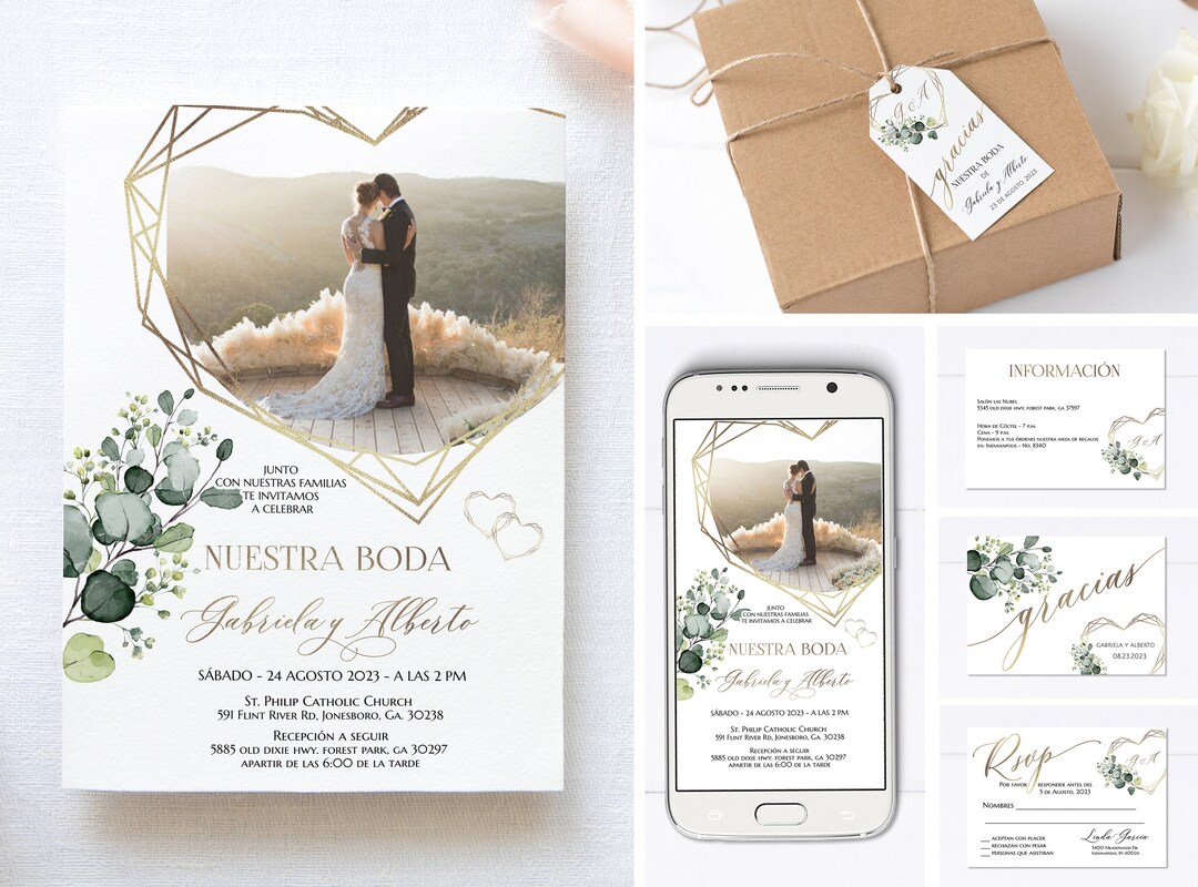 Eucalyptus Photo Spanish Wedding Invitations Set Editable - Etsy