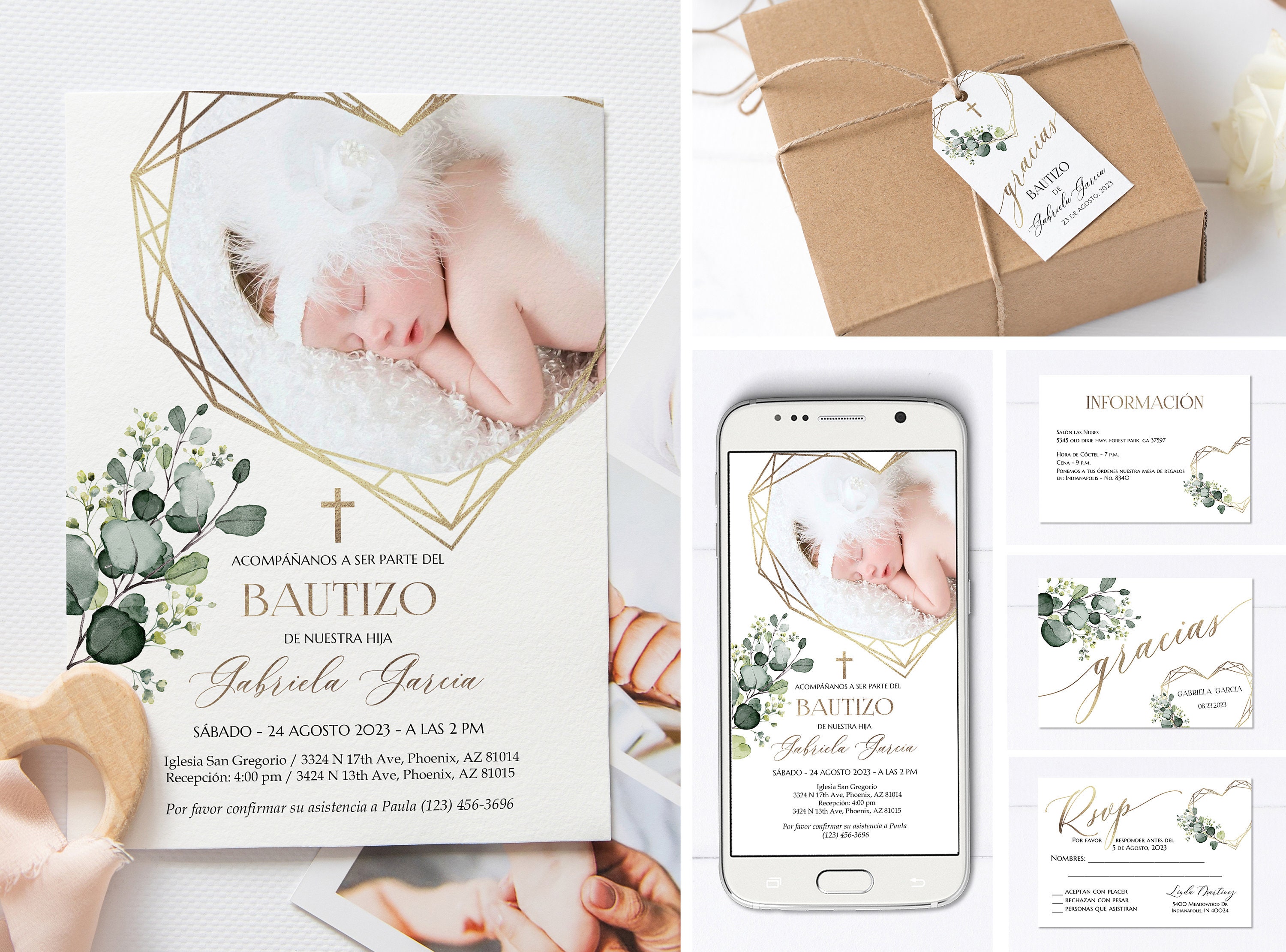 Eucalyptus Photo Bautizo Invitation Set, Invitaciones De Bautizo, Mi ...