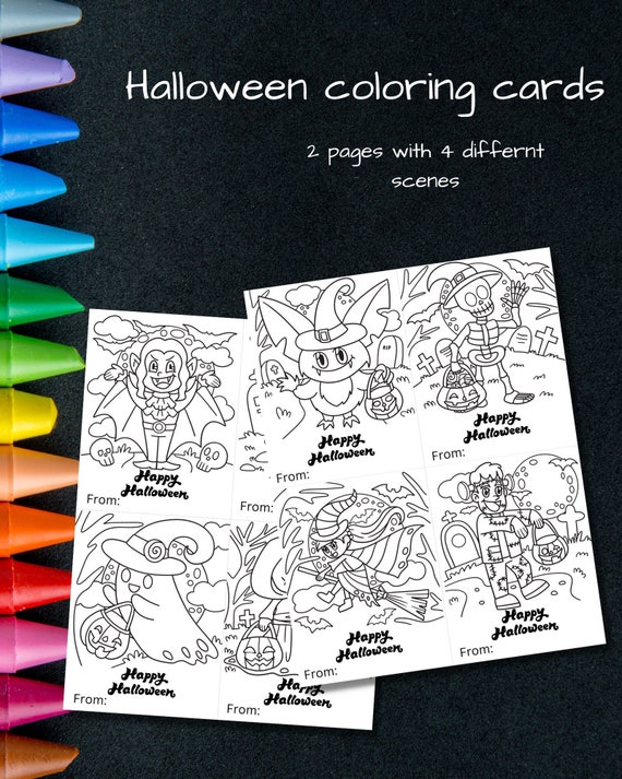 Printable Halloween Coloring Cards-halloween Coloring - Etsy