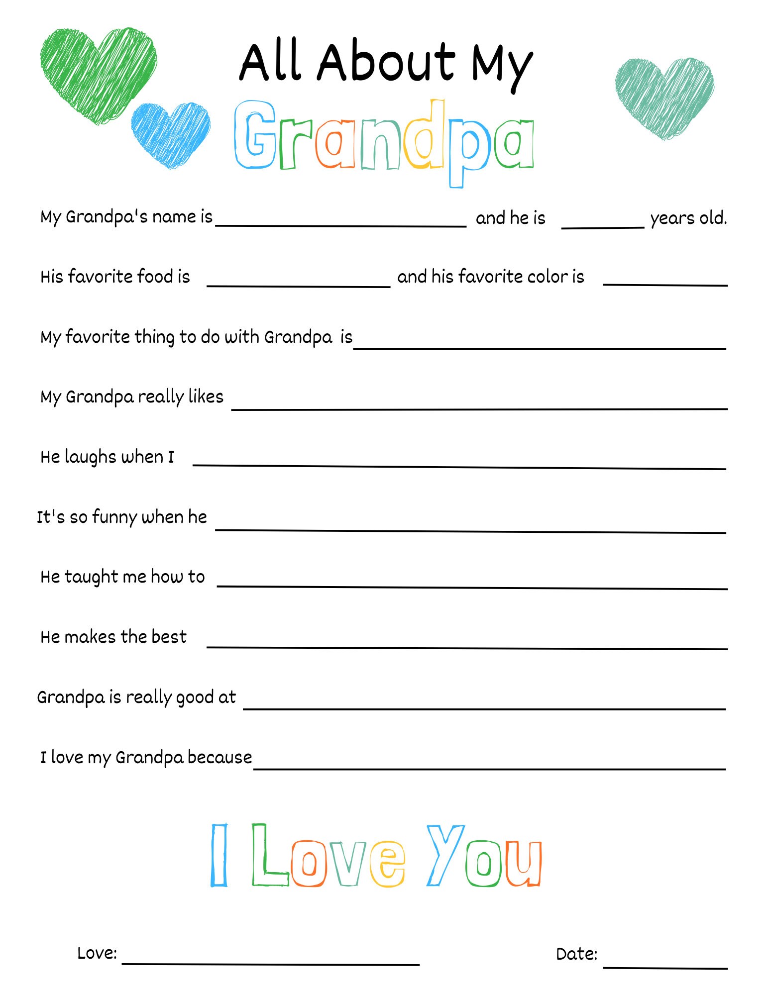 All About My Grandpa Printable, Father's Day Printable, Gift for Him ...