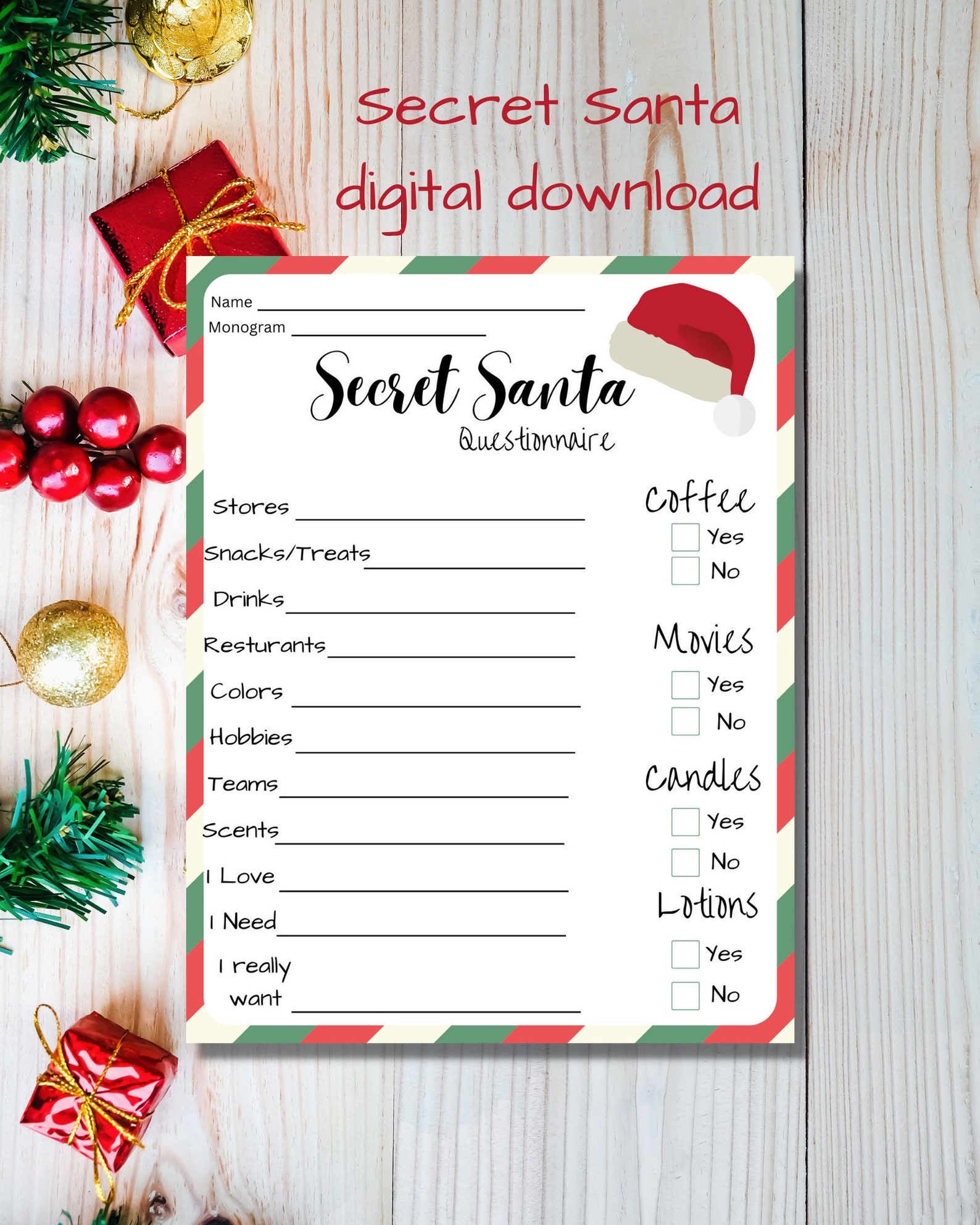 Printable Secret Santa Questionnaire- Christmas Printable- Christmas ...