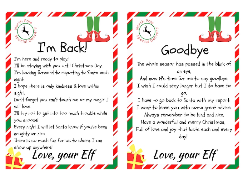 Printable Elf Arrival and Goodbye Letters, Christmas Elf, I'm Back ...