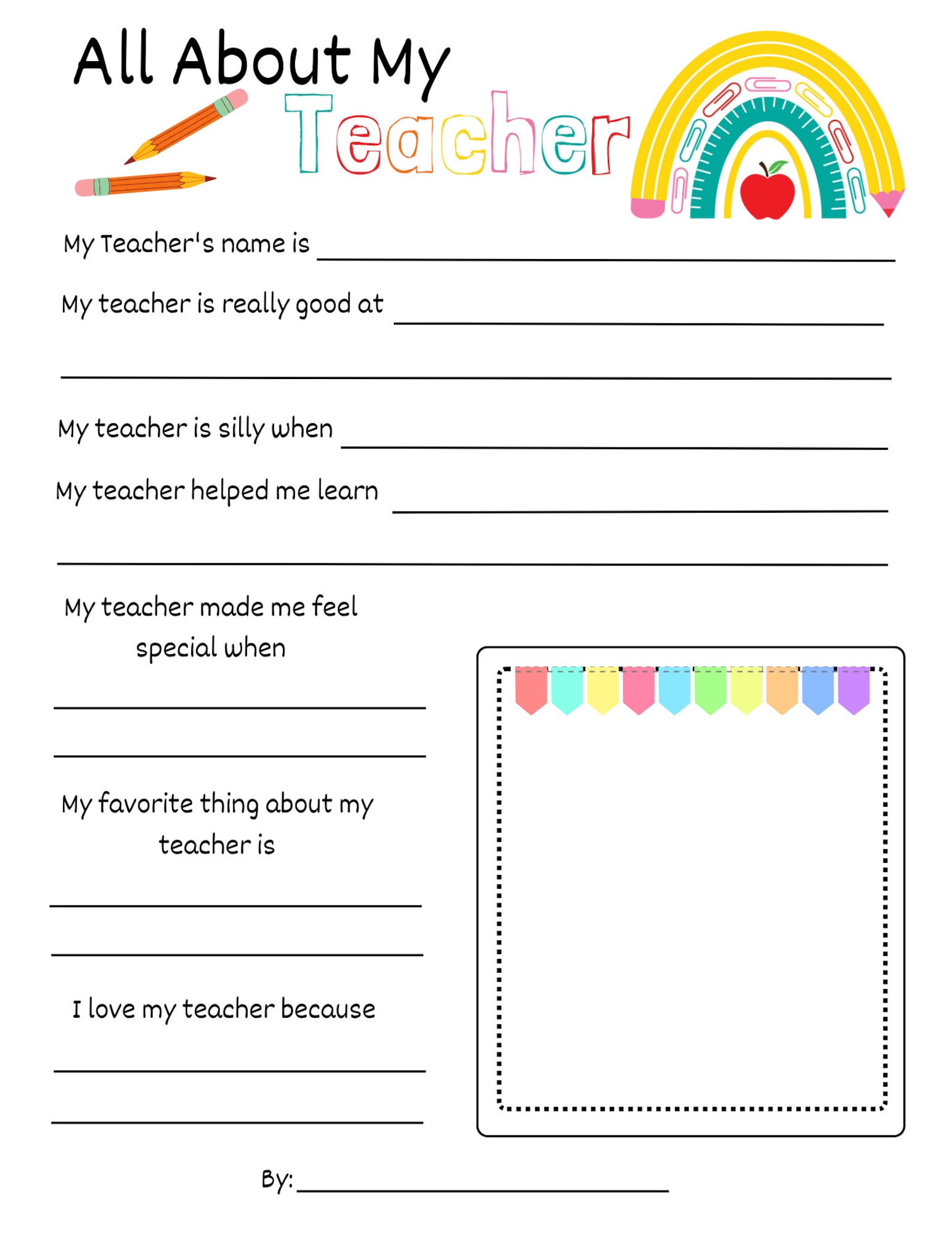 All About My Teacher Printable, Teacher Appreciation Printable, End of ...