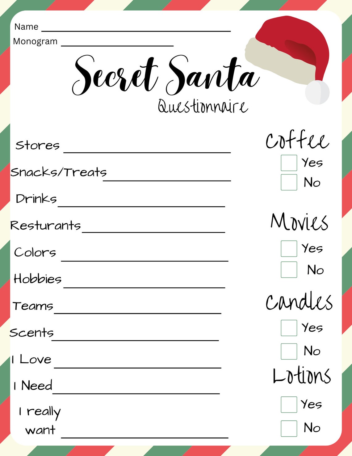 Printable Secret Santa Questionnaire- Christmas Printable- Christmas ...