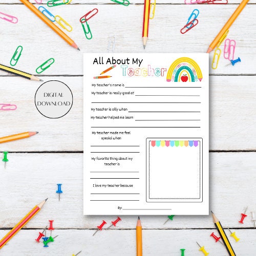 All About My Teacher Printable, Teacher Appreciation Printable, End of ...