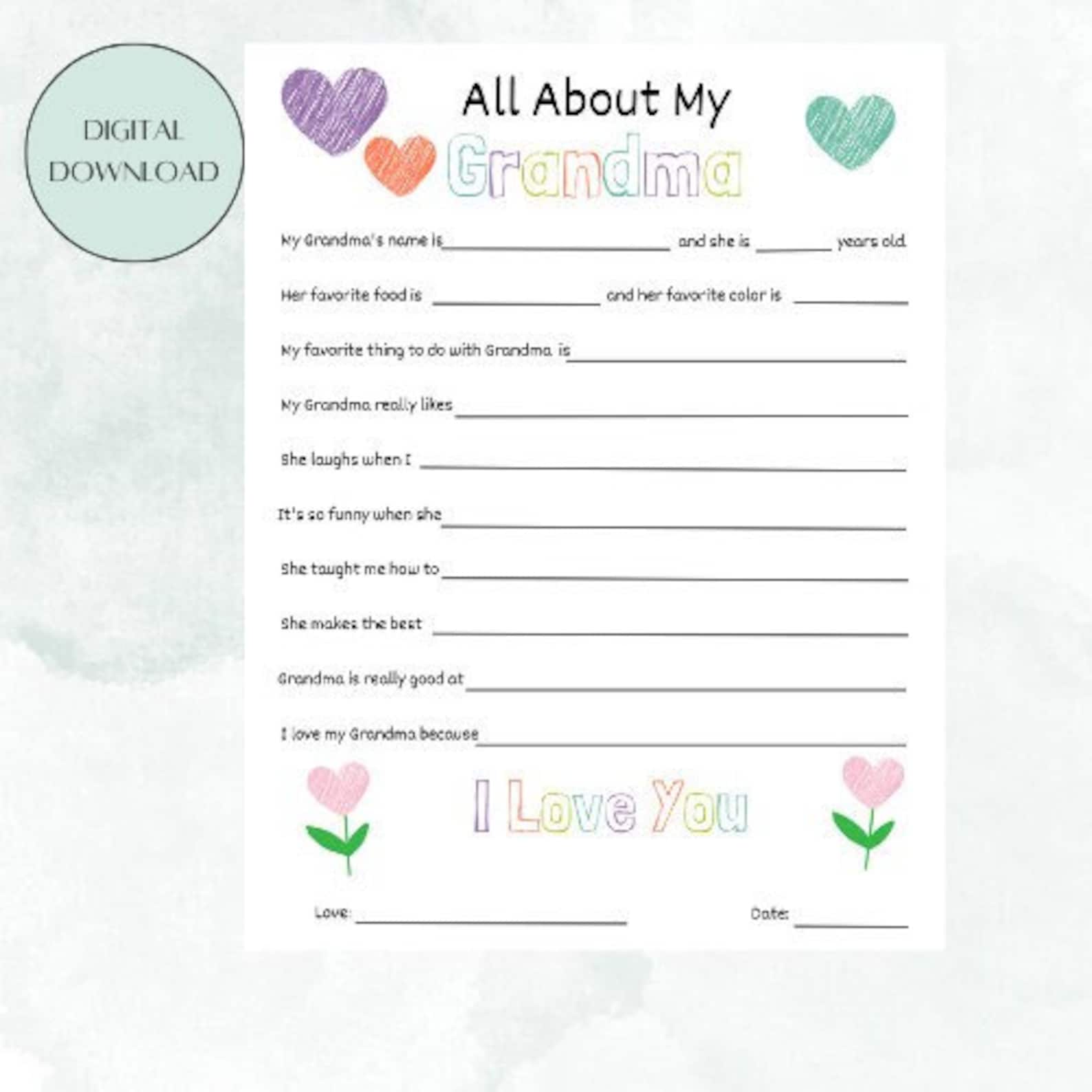 All About Grandma Printable Questions Template, Mother's Day Gift, Gift ...