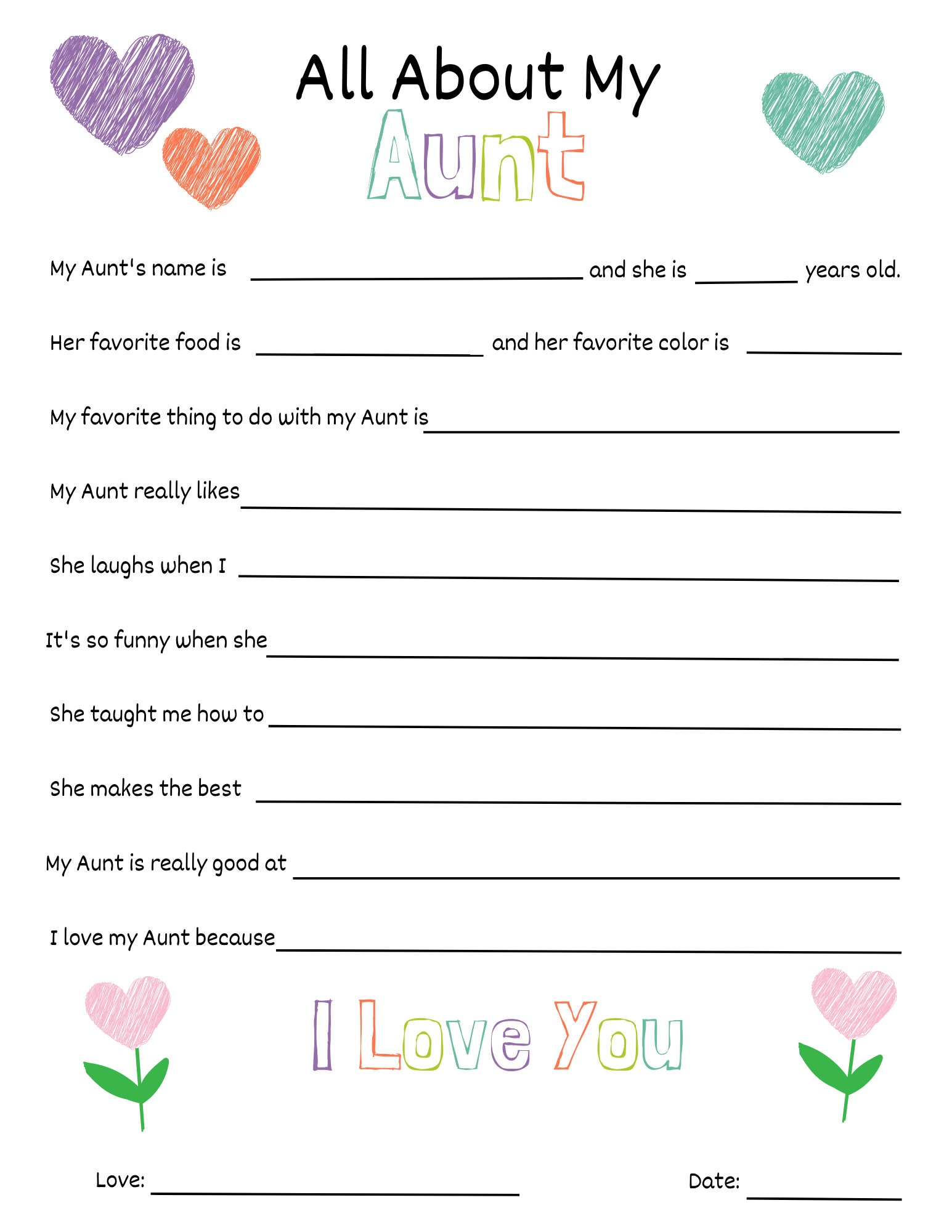 All About Aunt Printable Questions Template Mother's Day - Etsy