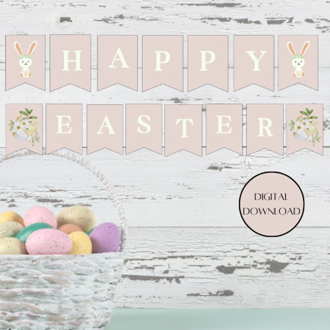 Printable Happy Easter Banner, Happy Easter Bunny Banner, Bunny and Egg ...