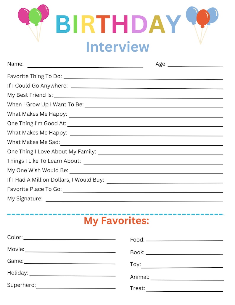 Printable Kids Birthday Interview, Annual Kid Interview, Birthday ...