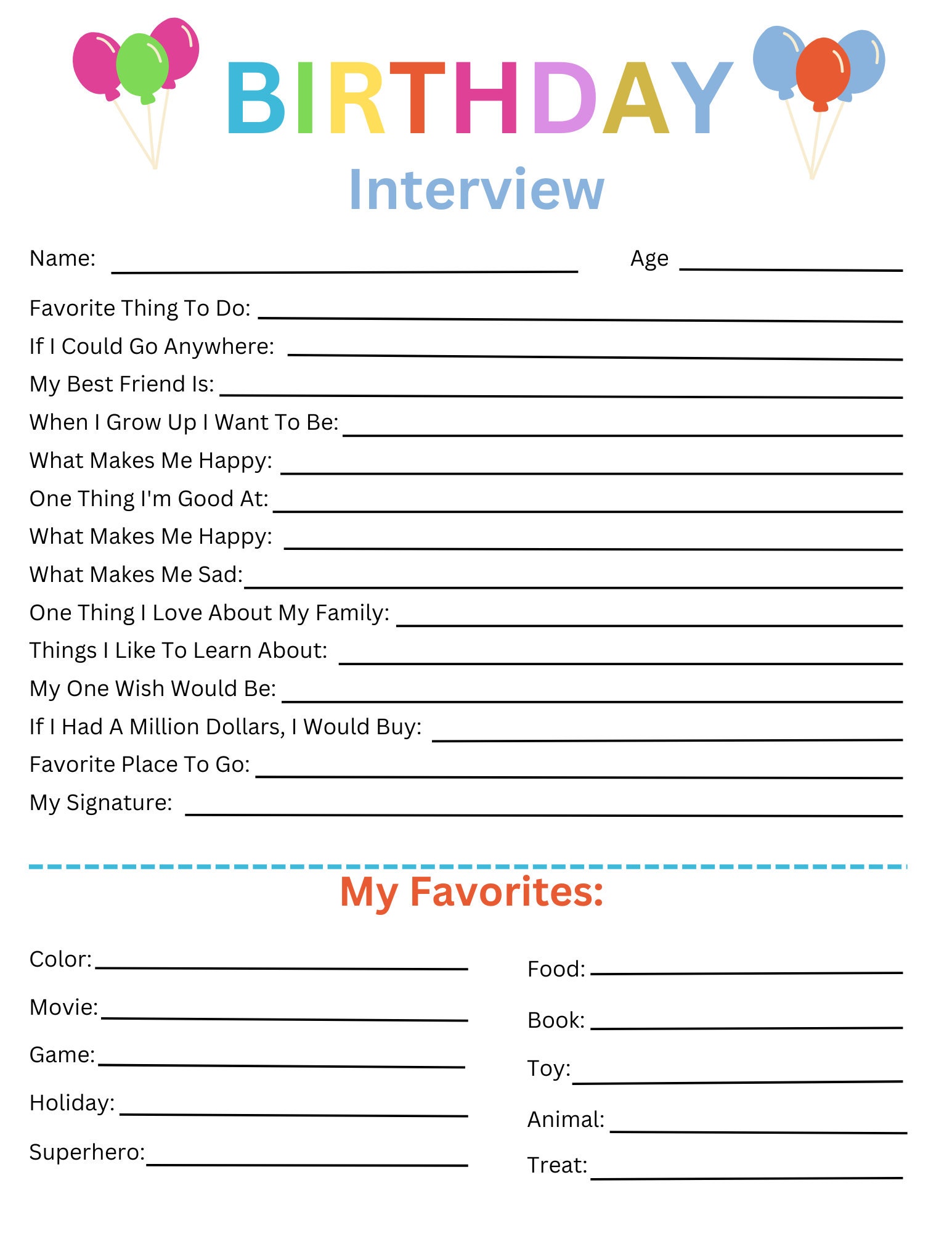 Printable Kids Birthday Interview, Annual Kid Interview, Birthday ...