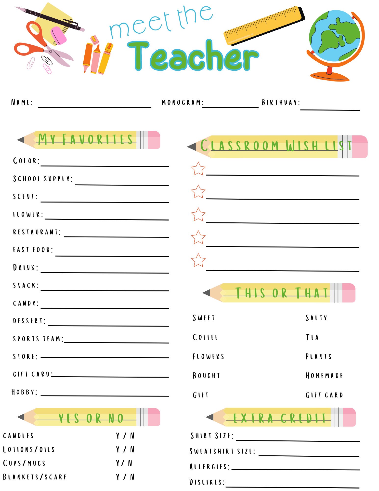 Teacher Favorite Things, Teacher Questionnaire, Back to School Teacher ...