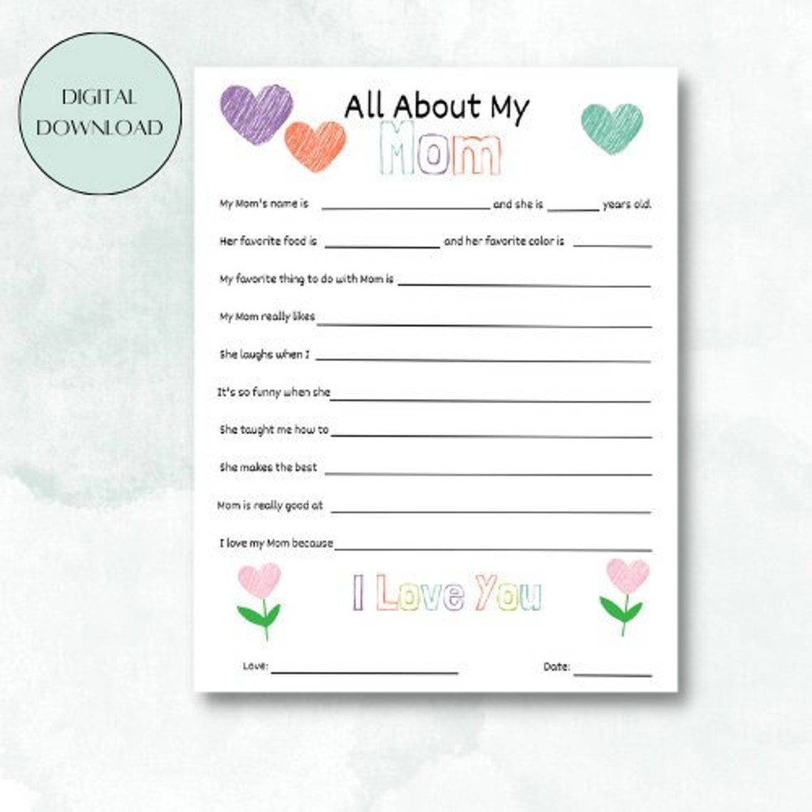 All About Mom Printable Questions Template, Mother's Day Gift, Gift for ...
