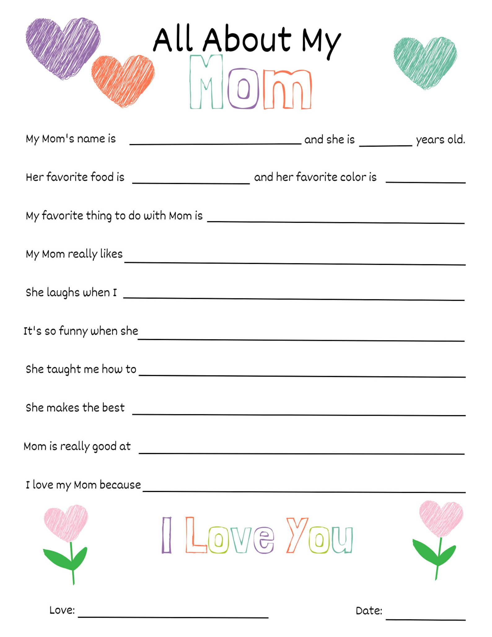 All About Mom Printable Questions Template, Mother's Day Gift, Gift for ...
