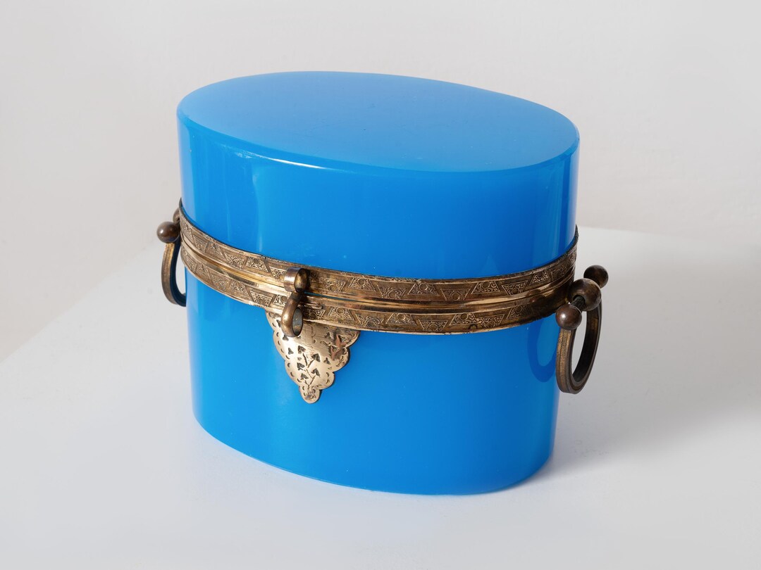 Vintage Blue Glass Trinket Box With Ornate Metal Accents, Jewelry ...