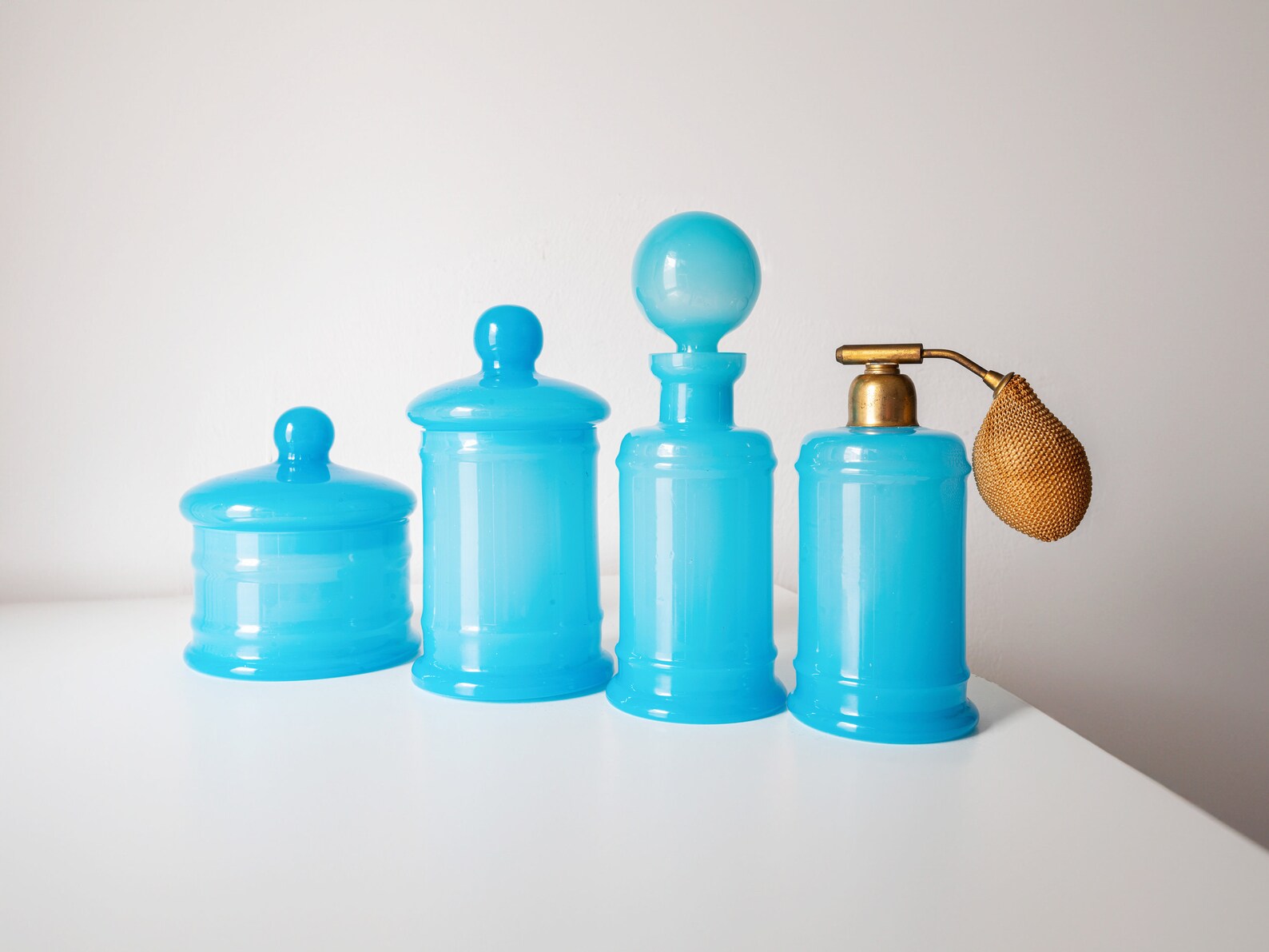 Vintage Blue Opaline Glass Vanity Set, Veritable Opaline De Murano ...
