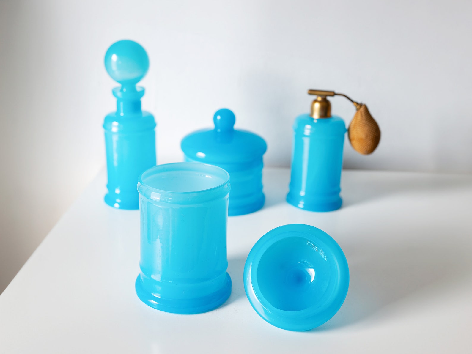 Vintage Blue Opaline Glass Vanity Set, Veritable Opaline De Murano ...