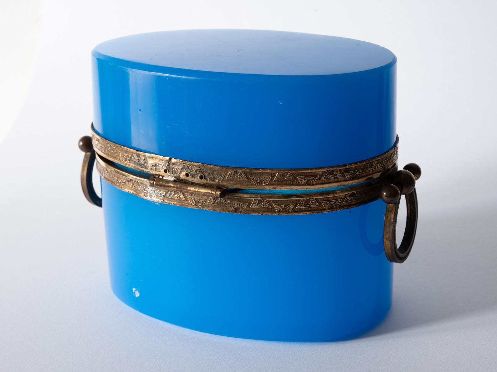 Vintage Blue Glass Trinket Box With Ornate Metal Accents, Jewelry ...