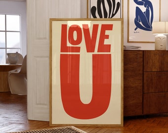 PRINTABLE DOWNLOAD Red LOVE U Art Print Eclectic Dorm Decor Love Poster ...