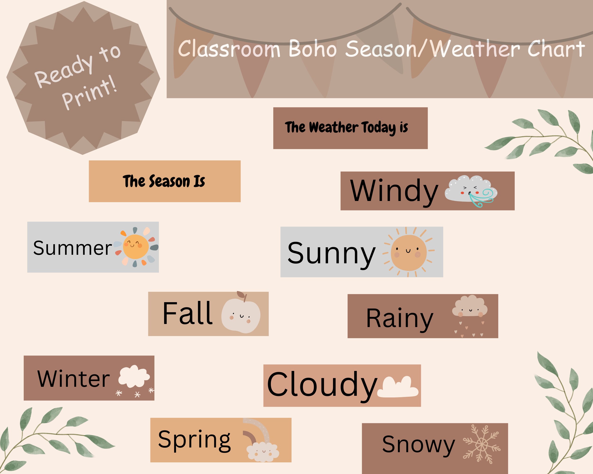 Boho Weather & Season Chart Printable, Classroom Weather Cards, Seasons ...