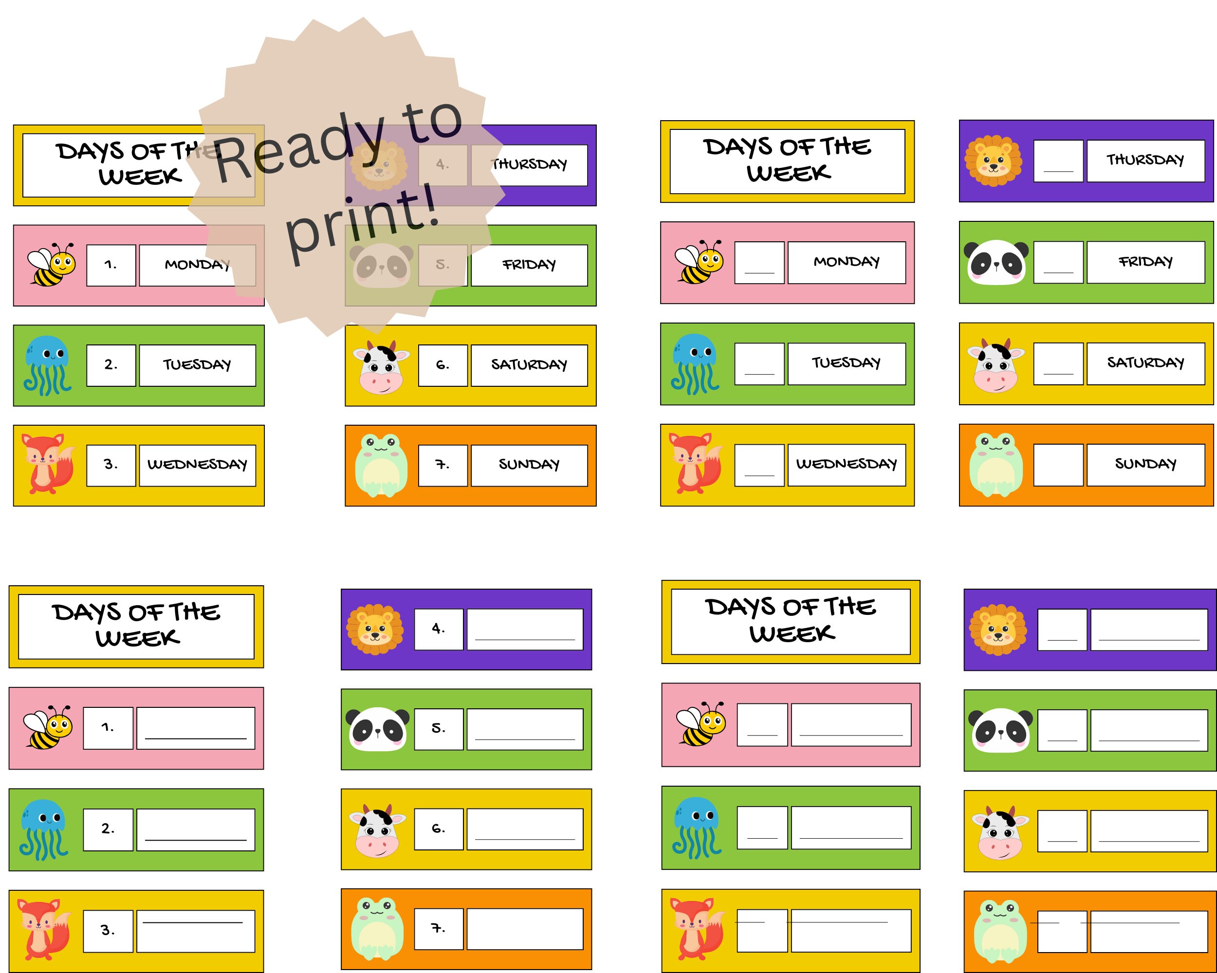 Digital Animals Days of the Week Labels, Instant PDF Download, Editable ...