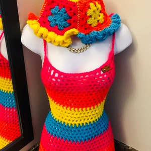 Rainbow Crochet Mesh Dress With Ruffles and Matching Ruffle Hat - Etsy