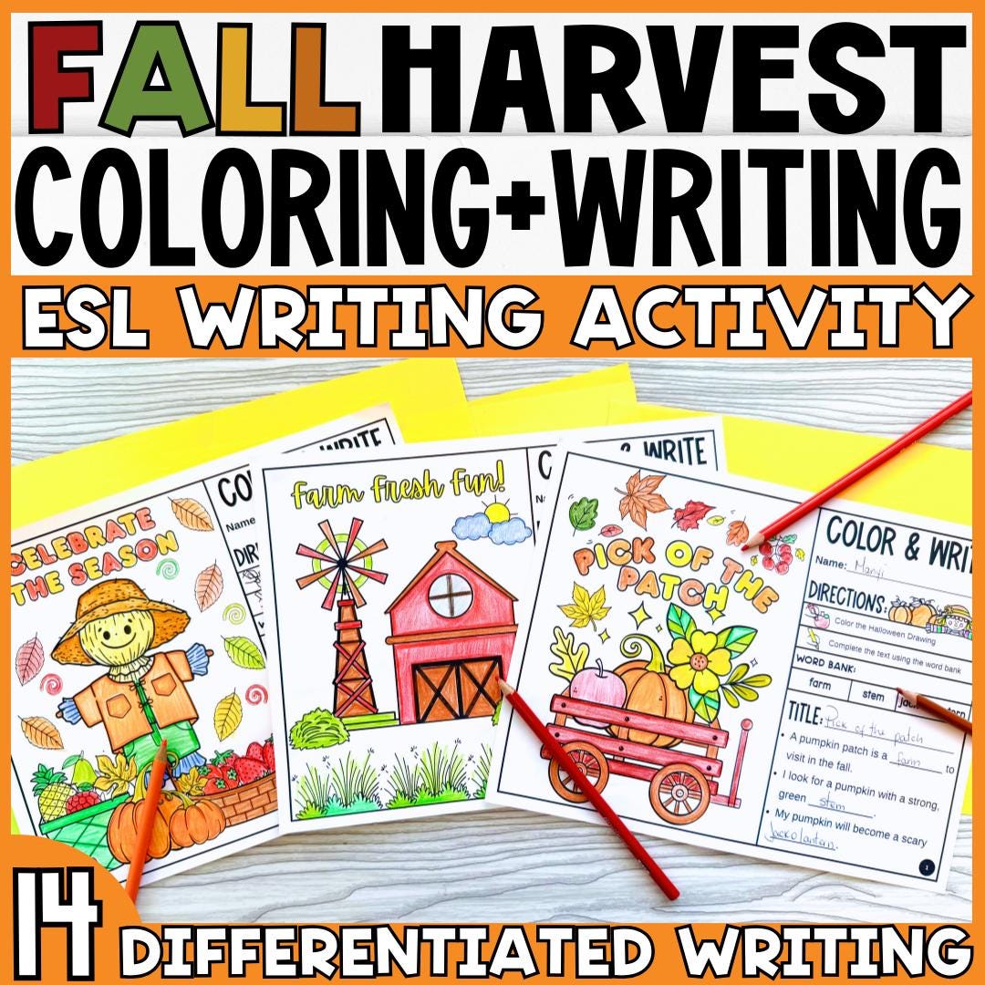 Fall Harvest Coloring Pages- ESL Writing Differentiated Worksheets for ...
