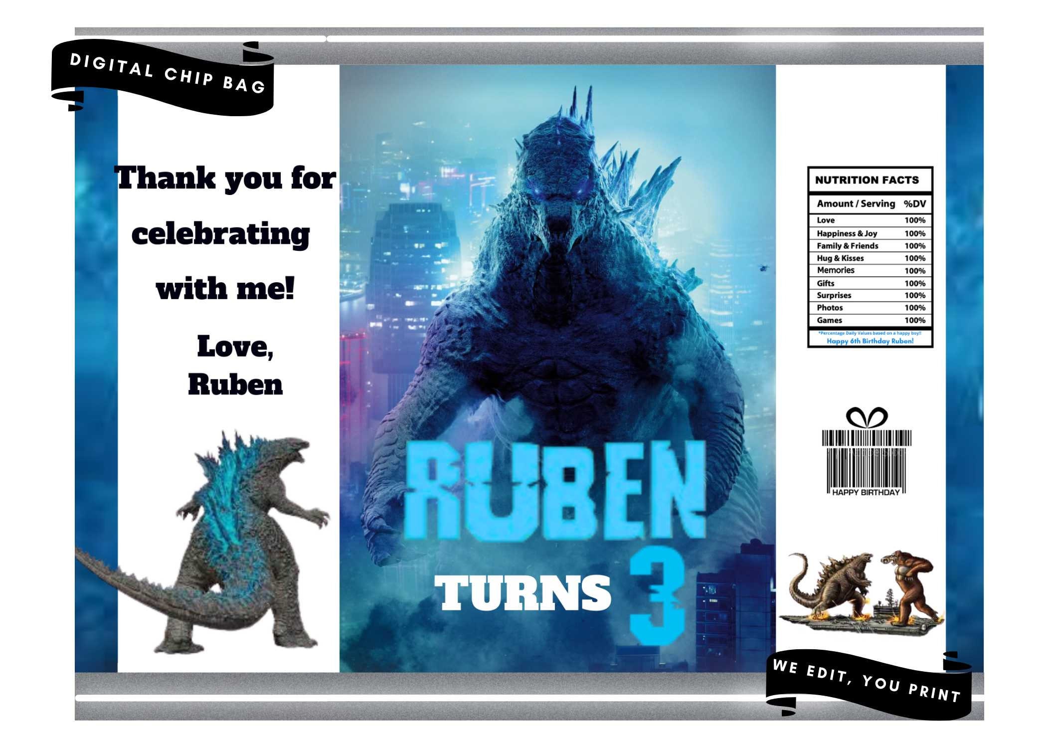 Godzilla Themed Chip Bag, Digital Party Favour, Digital Chip Bag ...