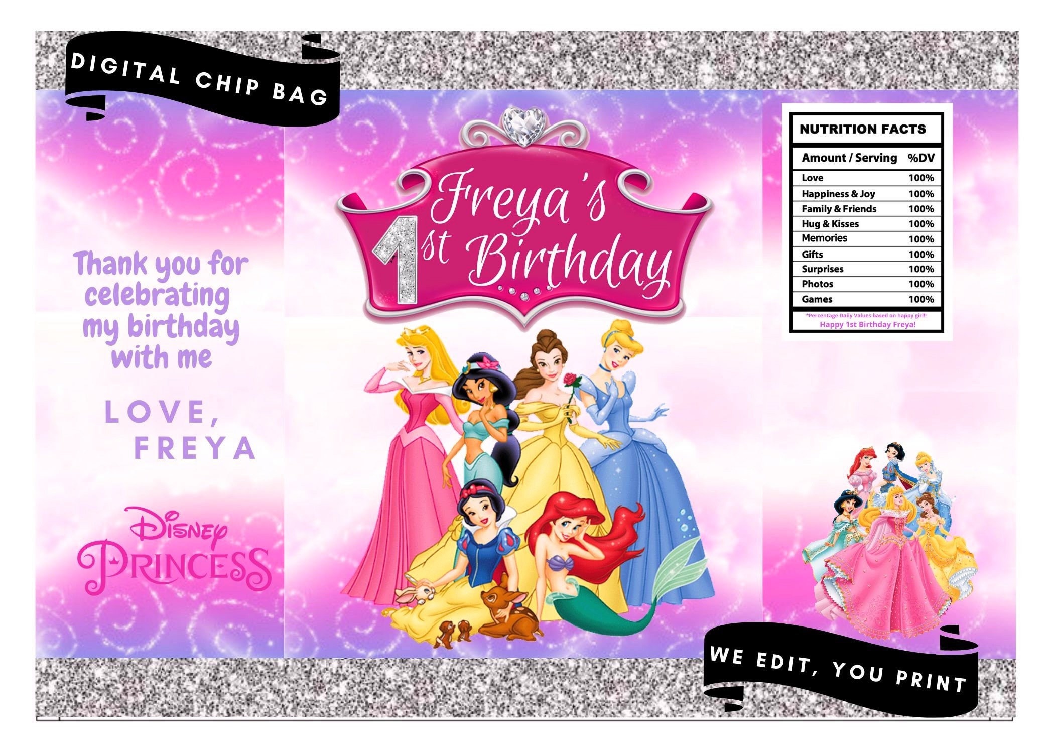 Digital Disney Princess Chip Bag/treat Bag Template, Disney Princess ...