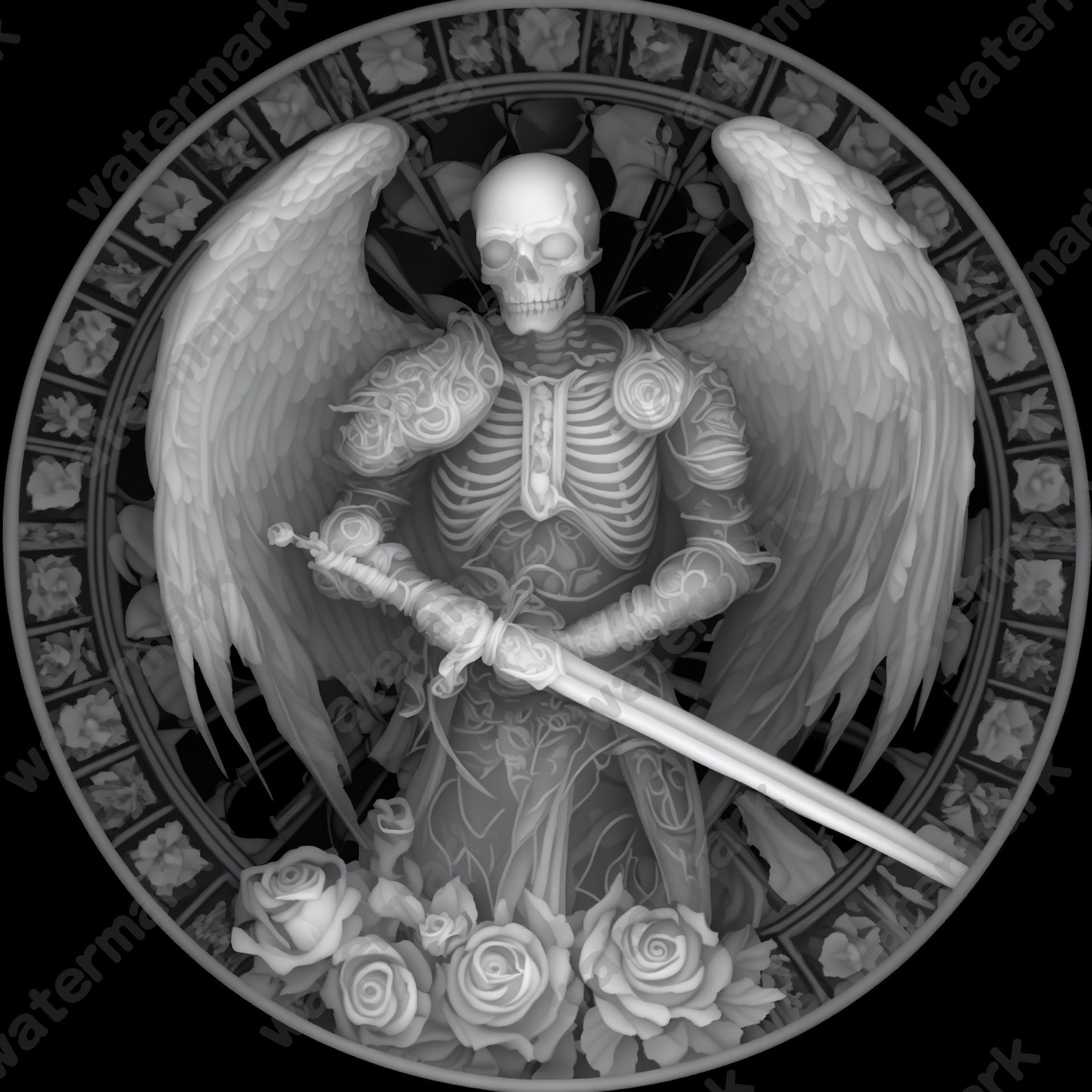 Angel Skeleton Knight Depth Map: 3D Laser Engraving File (PNG Digital ...
