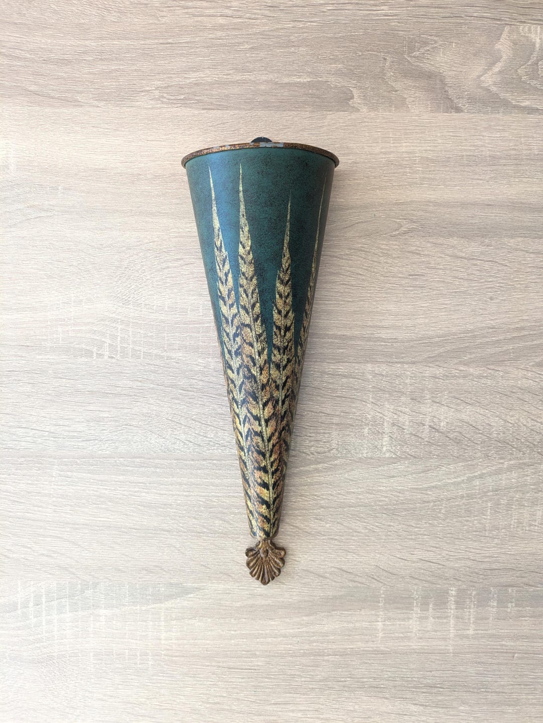 Semi-conical Gold Brown Feather Pattern Green Wall Vase Nature Inspired ...