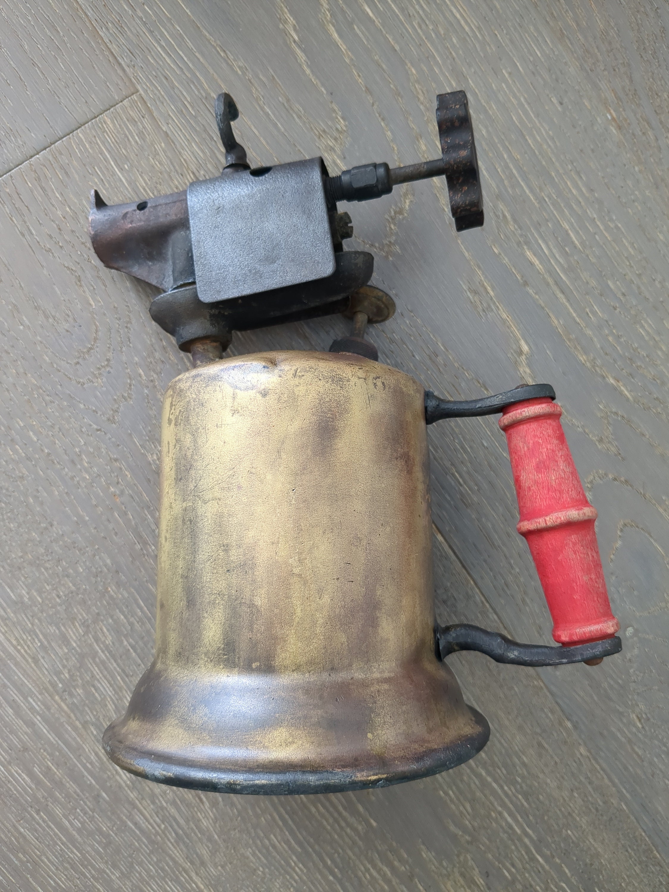 Antique Brass Hand Railroad Blow Torch With Red Wood Handle. Vintage ...