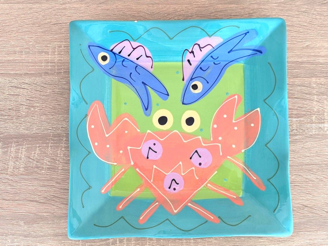 Susan Painter Pottery Whimsical Crab & Fish 10" Sq Plate Colorful ...