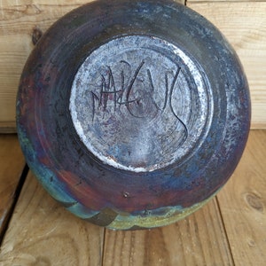 MARTY MARCUS Signed Studio Art Pottery Raku Vase 9 Round. Textured Dual ...