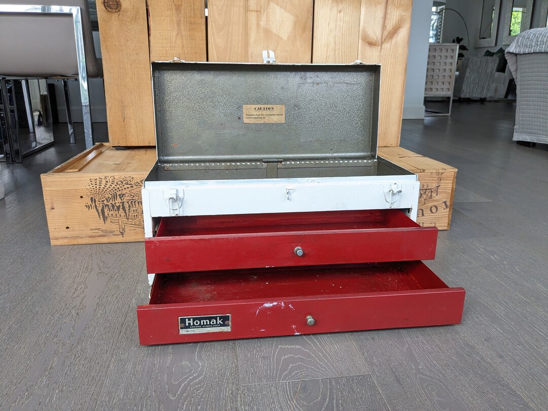 HOMAK Red and White Metal Oblong Old Vintage Toolbox With Two Drawers ...