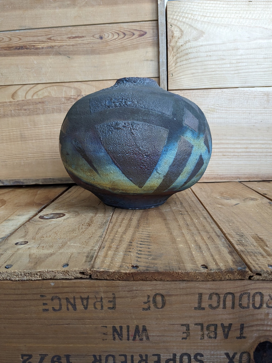 MARTY MARCUS Signed Studio Art Pottery Raku Vase 9 Round. Textured Dual ...