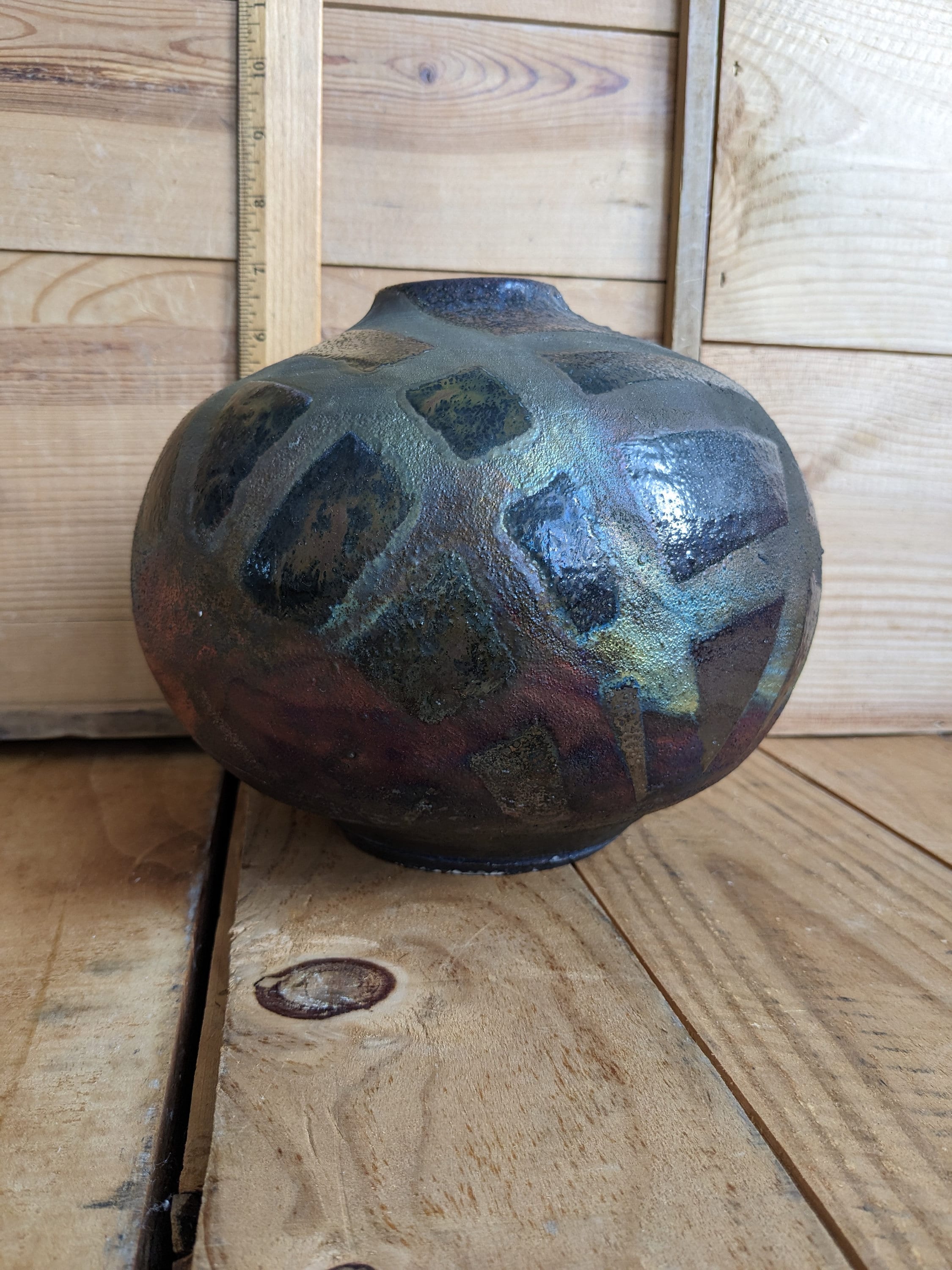 MARTY MARCUS Signed Studio Art Pottery Vase 9 Round. Textured Dual ...