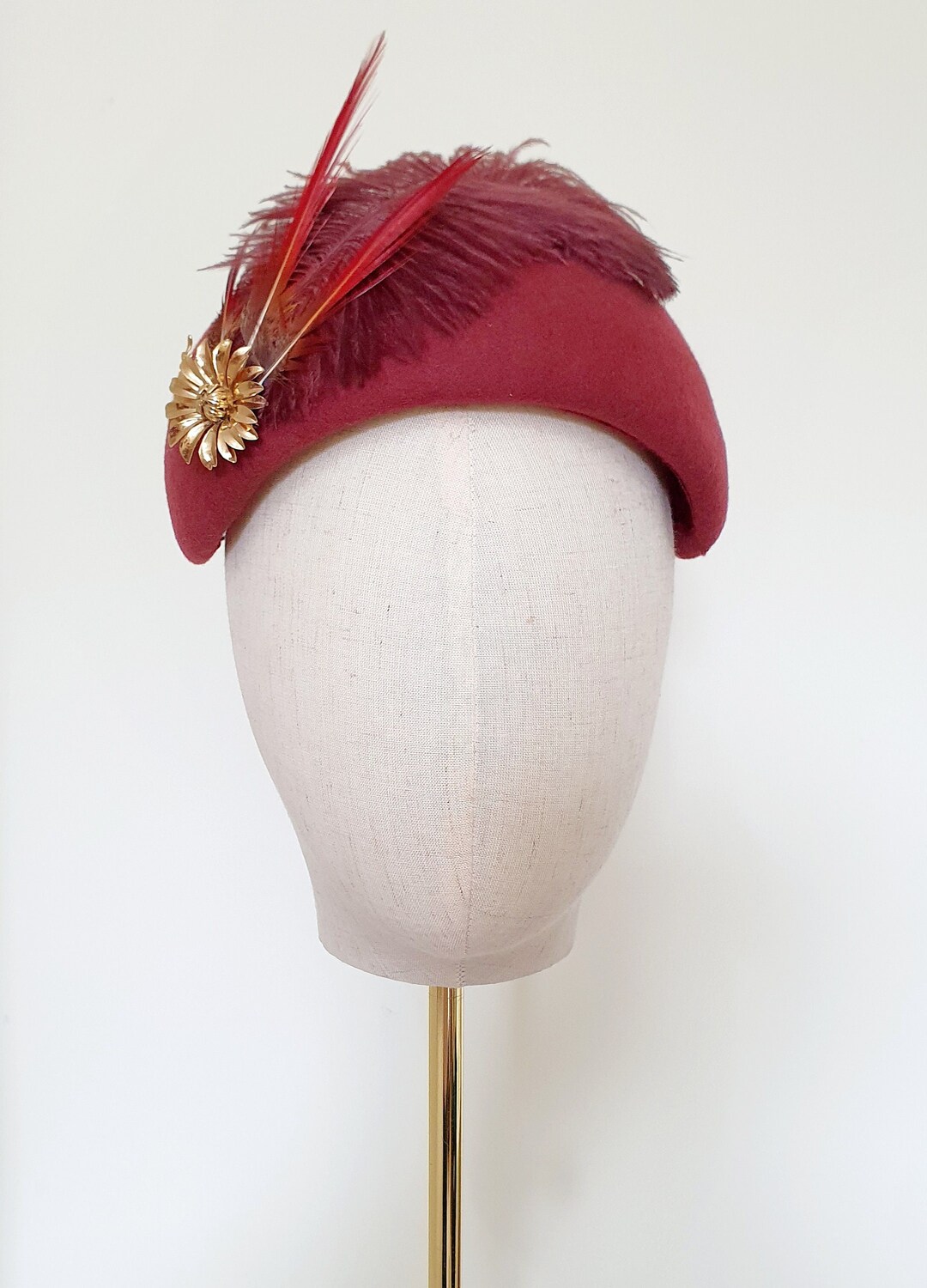 Vintage Style Felt Capulet Hat: Russet Brown Feather Fascinator - Etsy