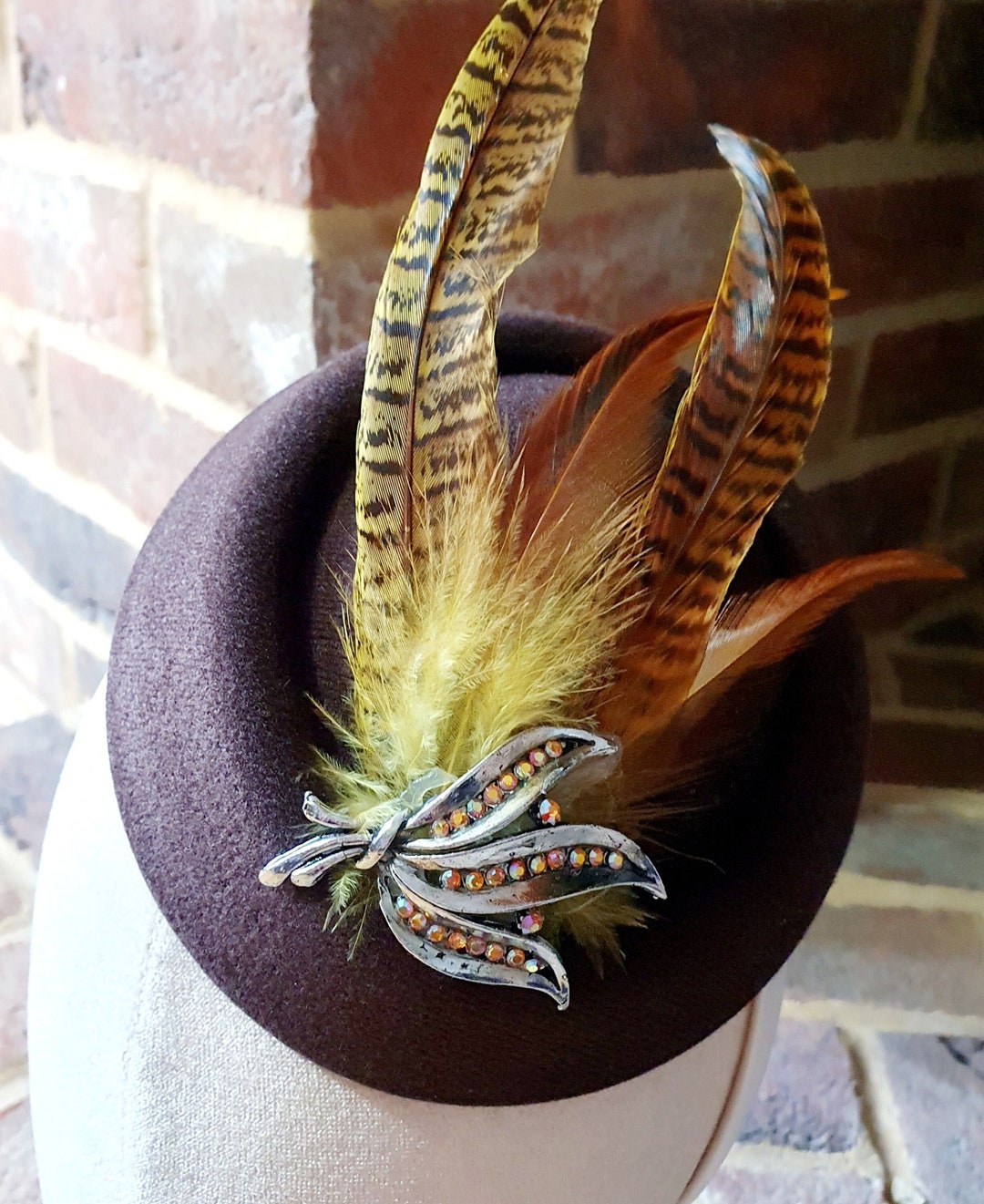 Dark Brown Chocolate Brown Mustard Feather Pillbox Fascinator 40s 50s ...