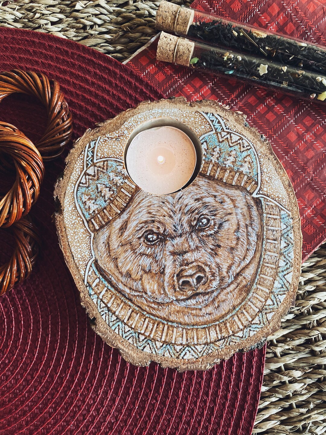 Pyrography Winter Bear Tea Light Holder, Handmade Birch Wood Decor - Etsy
