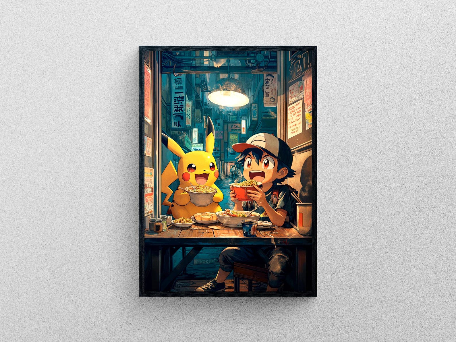 Pikachu and Ash at the Ramen Shop - Pokemon Poster Fan Art - Premium ...