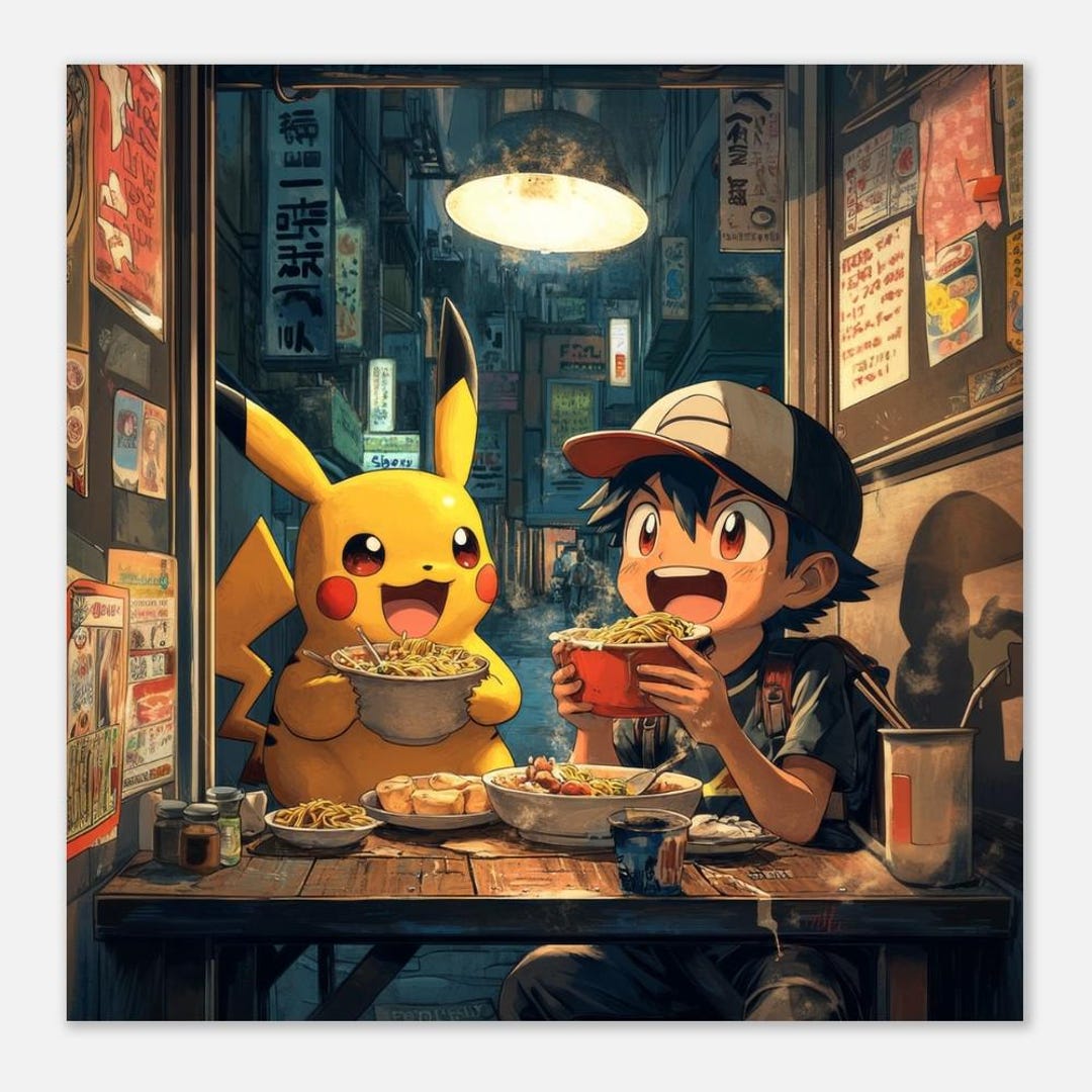 Pikachu and Ash at the Ramen Shop Pokemon Poster Art Premium Printed ...