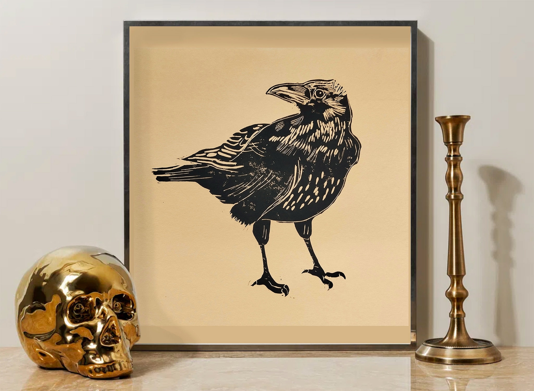 Raven Linocut, Handmade Artwork Crow, Gothic Bird, Raven Block Print ...