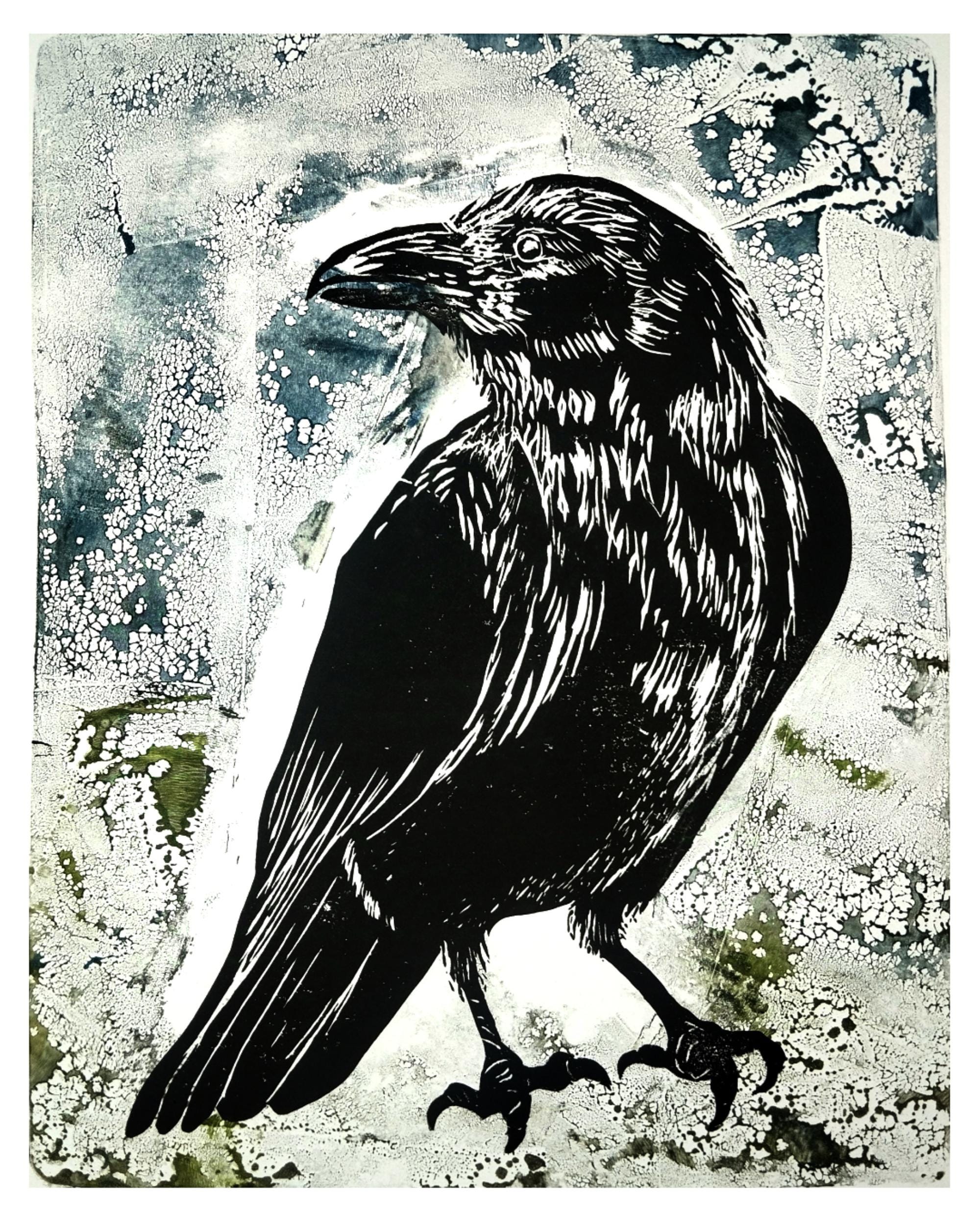 Raven Linocut, Unique Hand Painted Artwork. Crows and Corvids Handmade ...