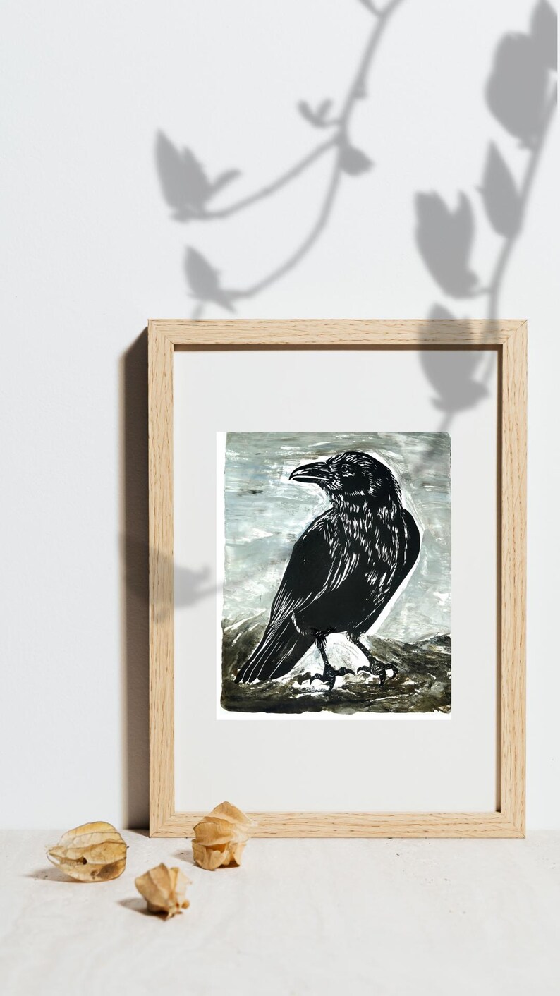 Raven Linocut, Unique Hand Painted Artwork. Crows and Corvids Handmade ...