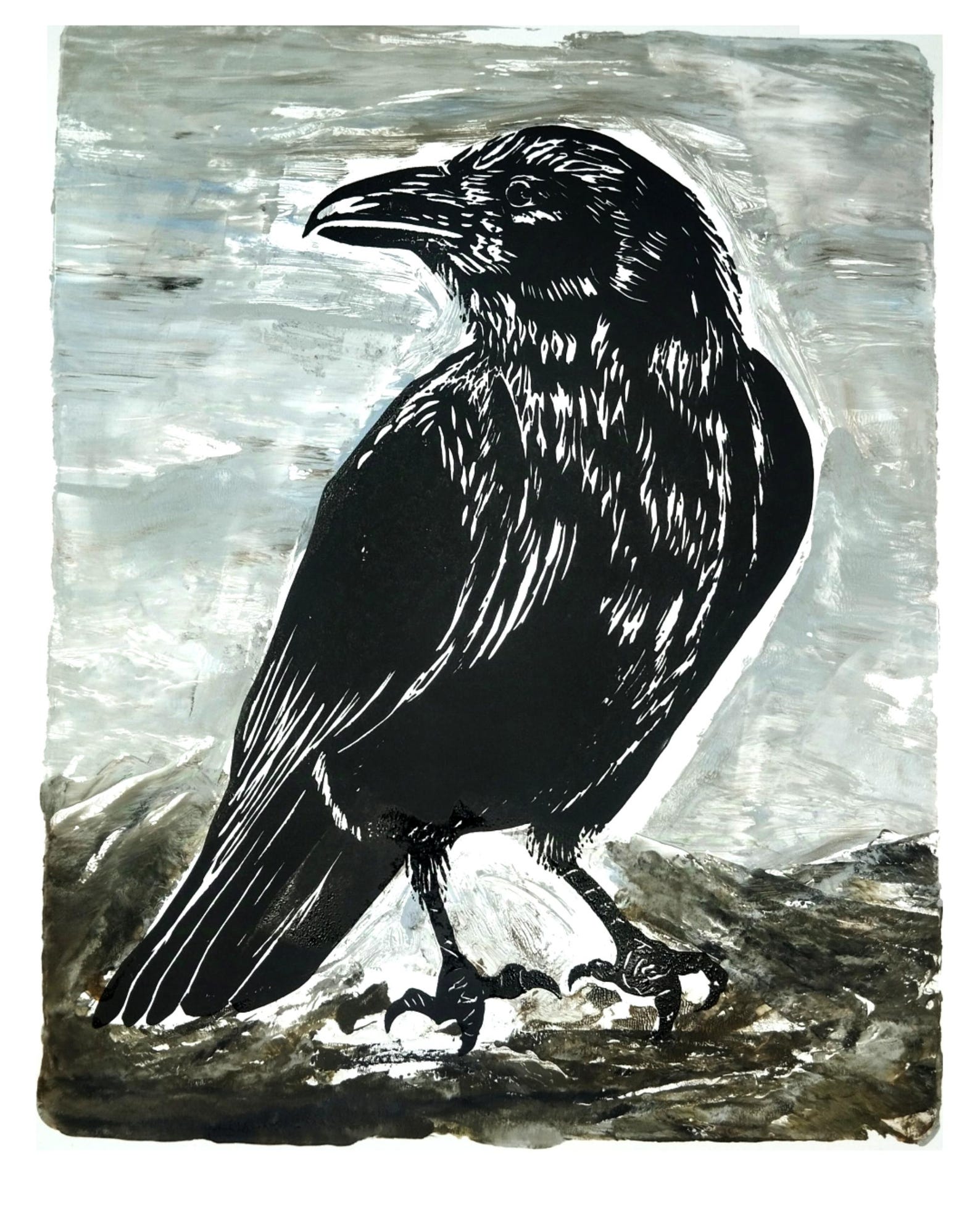 Raven Linocut, Unique Hand Painted Artwork. Crows and Corvids Handmade ...