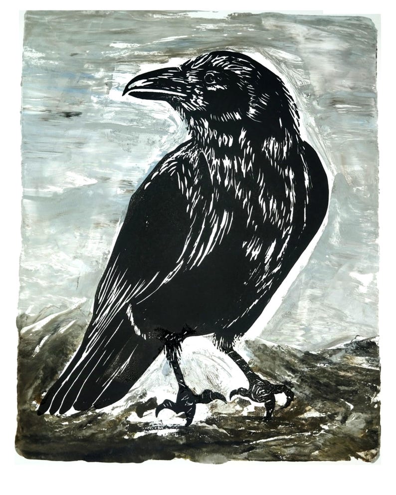 Raven Linocut, Unique Hand Painted Artwork. Crows and Corvids Handmade ...