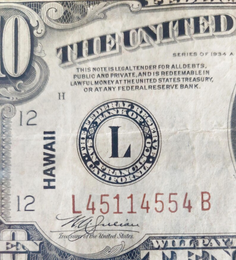 Vintage 1934A Hawaii Overprint Brown Seal Ten Dollar Federal Reserve ...