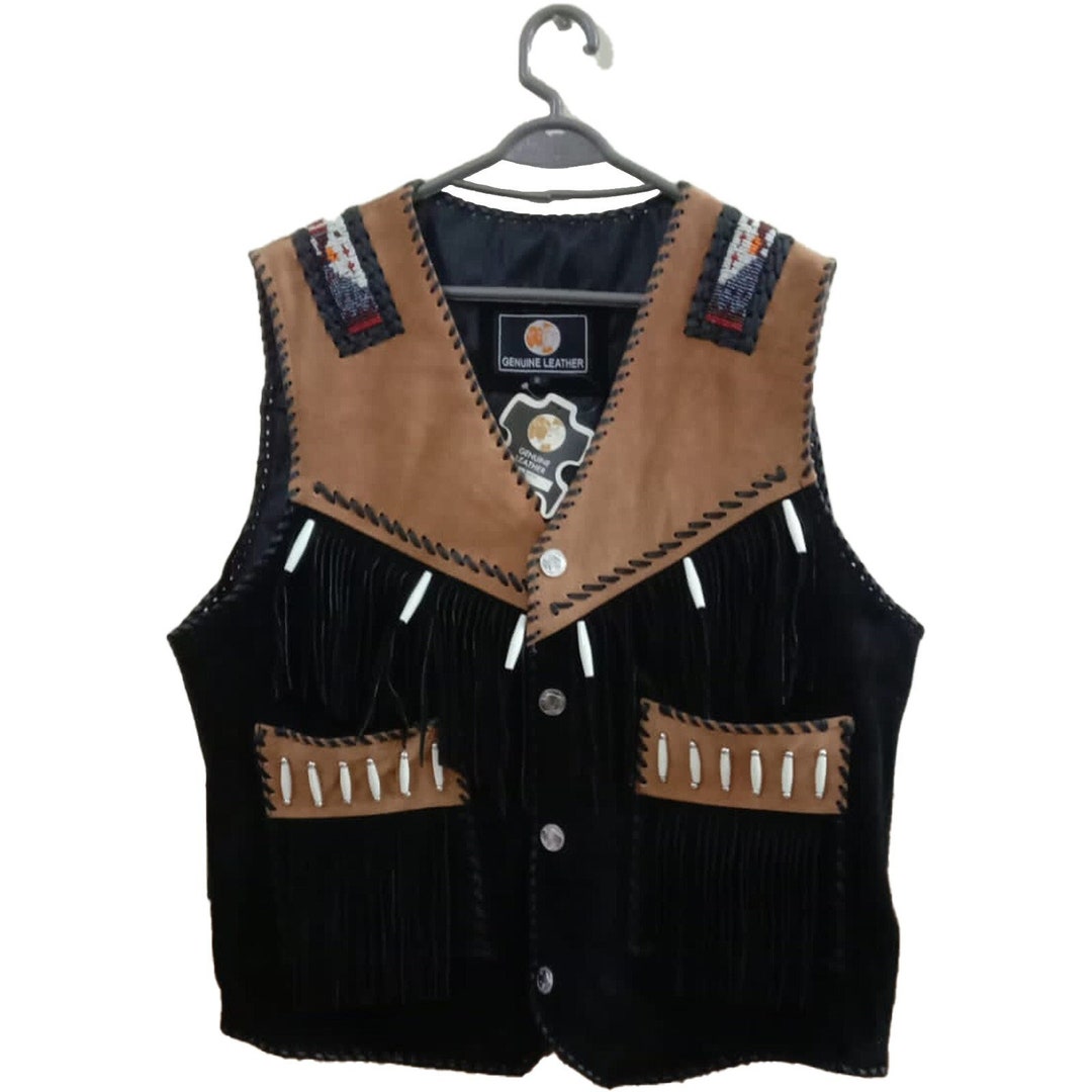 Western Cowboy Suede Brown Black Leather Beaded Vest With Soft Fringes ...