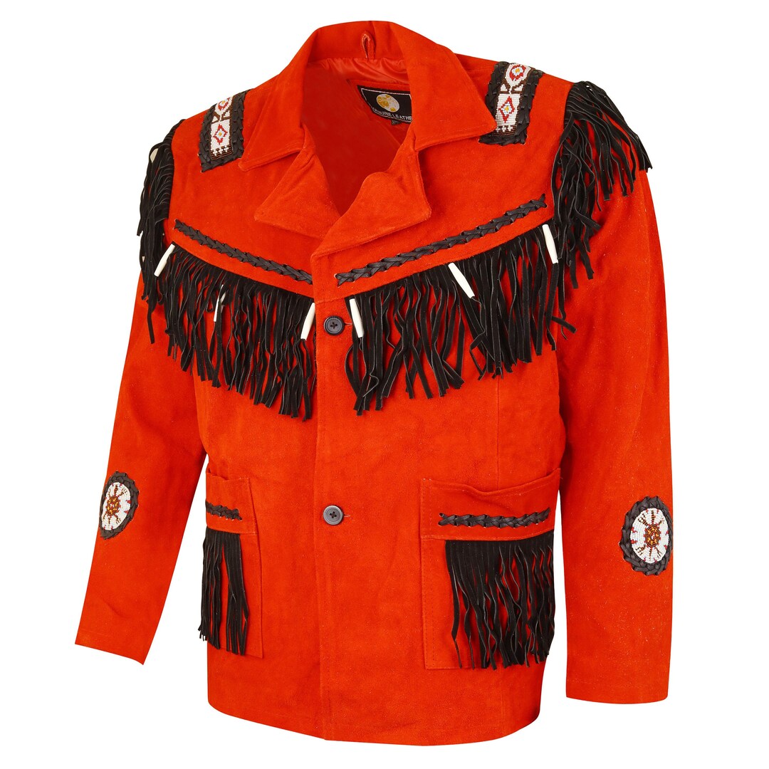 Men Suede Western Cowboy Leather Jacket With Fringe - Red & Black ...
