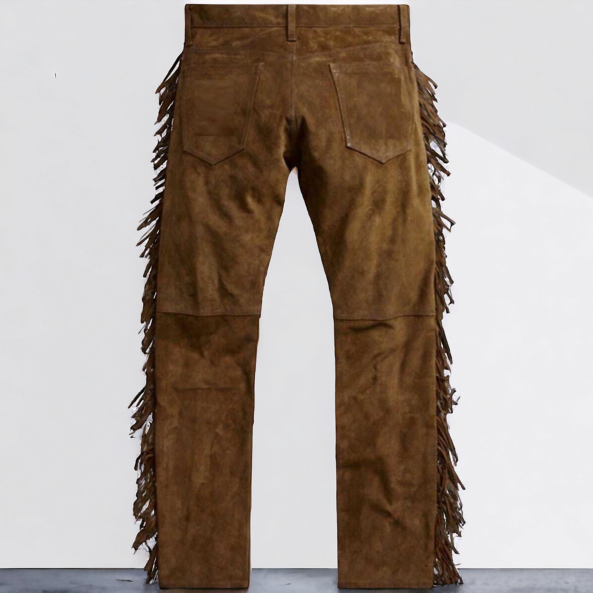 Men's Suede Leather Cowboy Pants - Dark Brown Western Fringed Buckskin ...